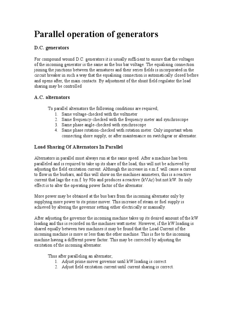 Parallel Operation of Generators | PDF | Electrical Engineering | Electricity