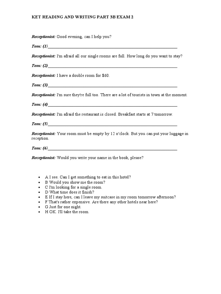 Ket Reading and Writing Part 3b Exam 2 | PDF