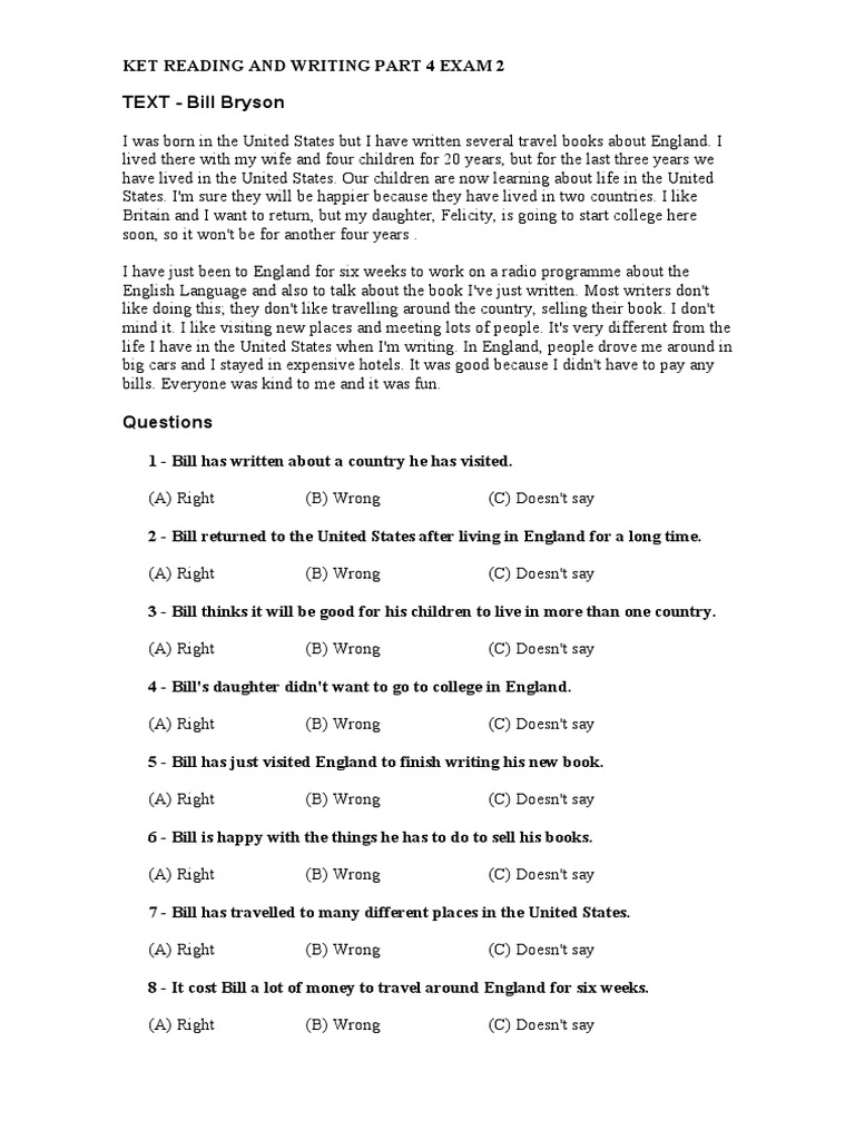 Ket Reading and Writing Part 4 Exam 2 | PDF | Language Arts ...