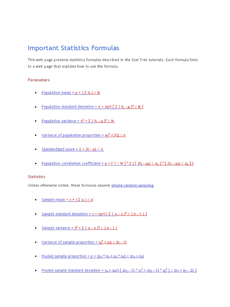 Important Statistics Formulas | PDF | Errors And Residuals ...