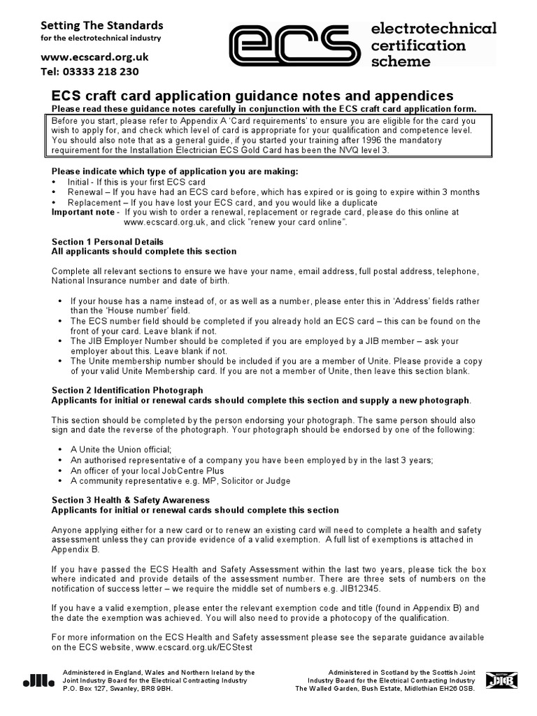ECS Card Application Form and Guidance Notes | PDF | Electrician ...