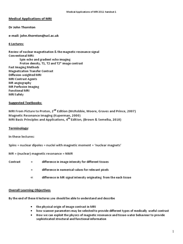 Lecture Notes MRI(Part2) | Magnetic Resonance Imaging | Relaxation (Nmr)