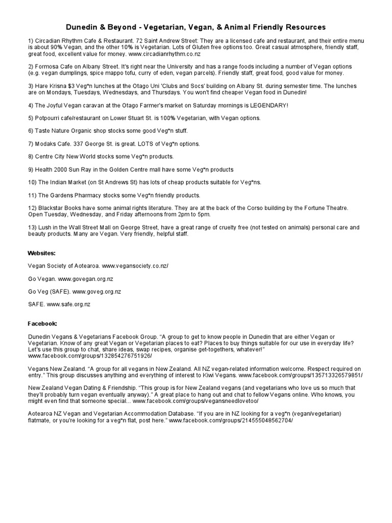 Dunedin & Beyond Vegetarian Vegan & Animal Friendly Resources | PDF ...
