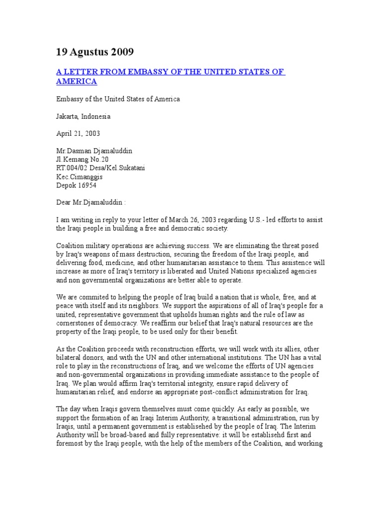 A Letter From Embassy of America | PDF | Iraq | United Nations
