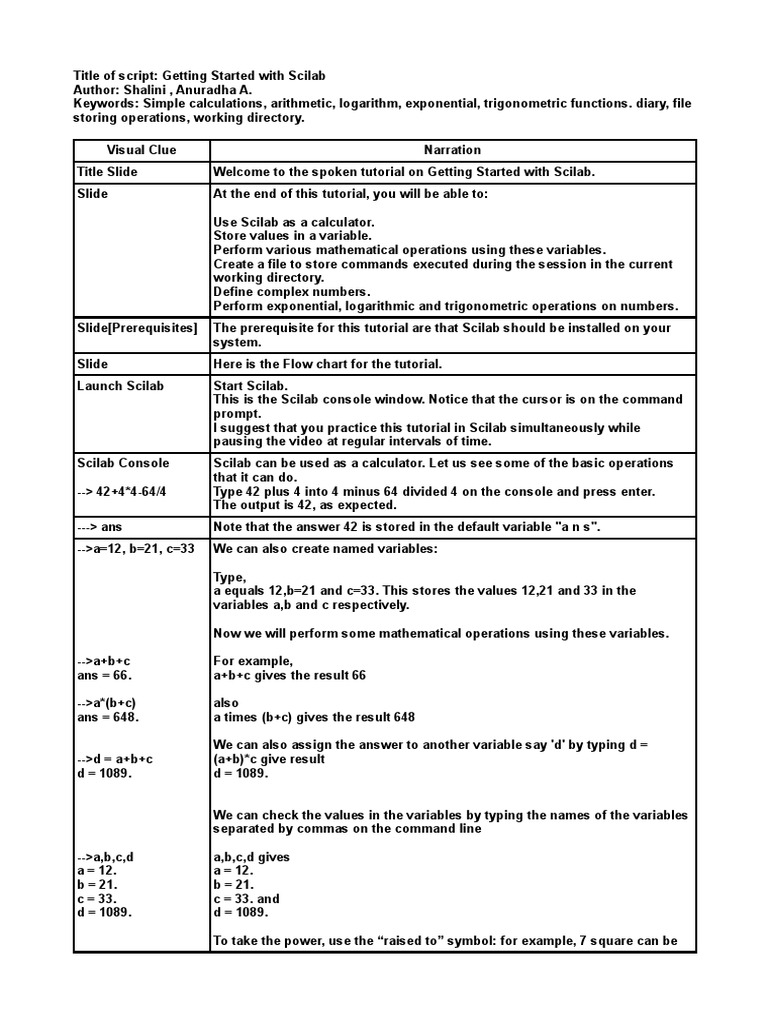 Getting Started With Scilab Keywords: Simple Calculations, Arithmetic, Logarithm, Exponential ...