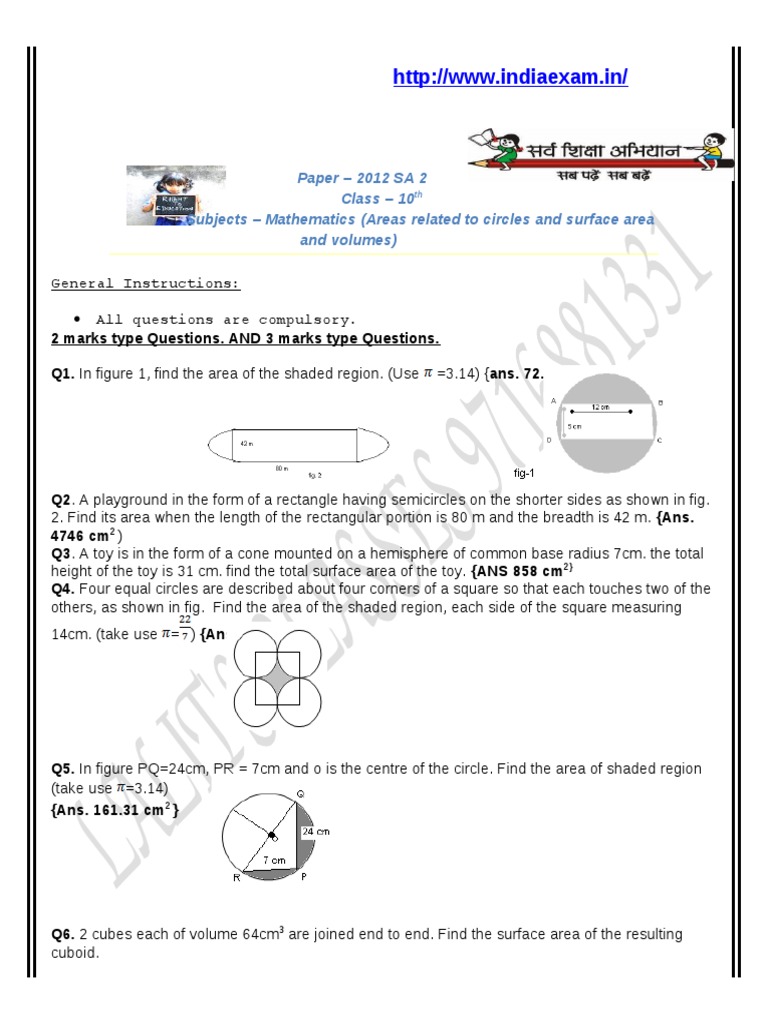 Paper - 2012 SA 2 Class - 10 Subjects - Mathematics (Areas Related To Circles and Surface Area ...