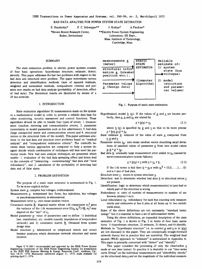 Analysis For Power System State Estimation Pdf Errors And Residuals