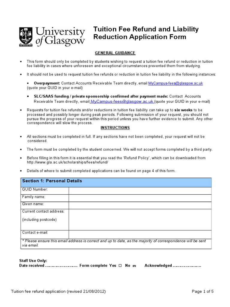 Tuition Fee Refund and Liability Reduction Application Form: Mycampus-Fees@Glasgow - Ac.Uk ...