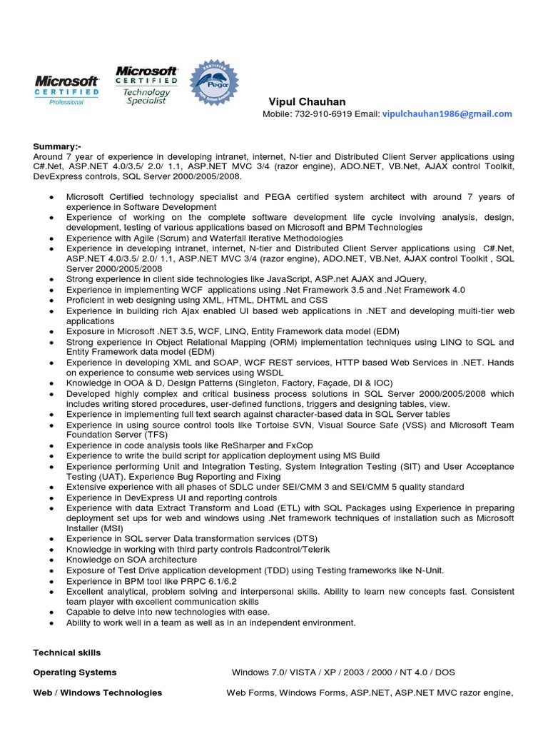 Vipul Chauhan Resume | PDF | Microsoft Visual Studio | Microsoft Sql Server