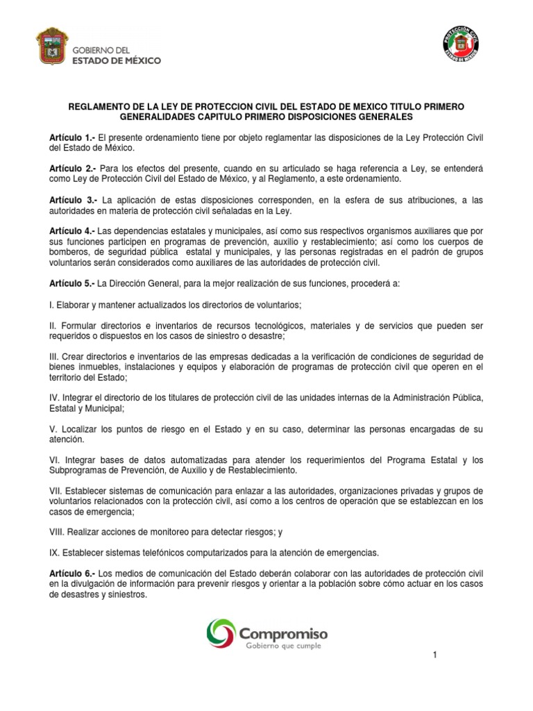 Reglamento de La Ley de Proteccion Civil Del Estado de Mexico | Bombero | Regulación | Prueba ...