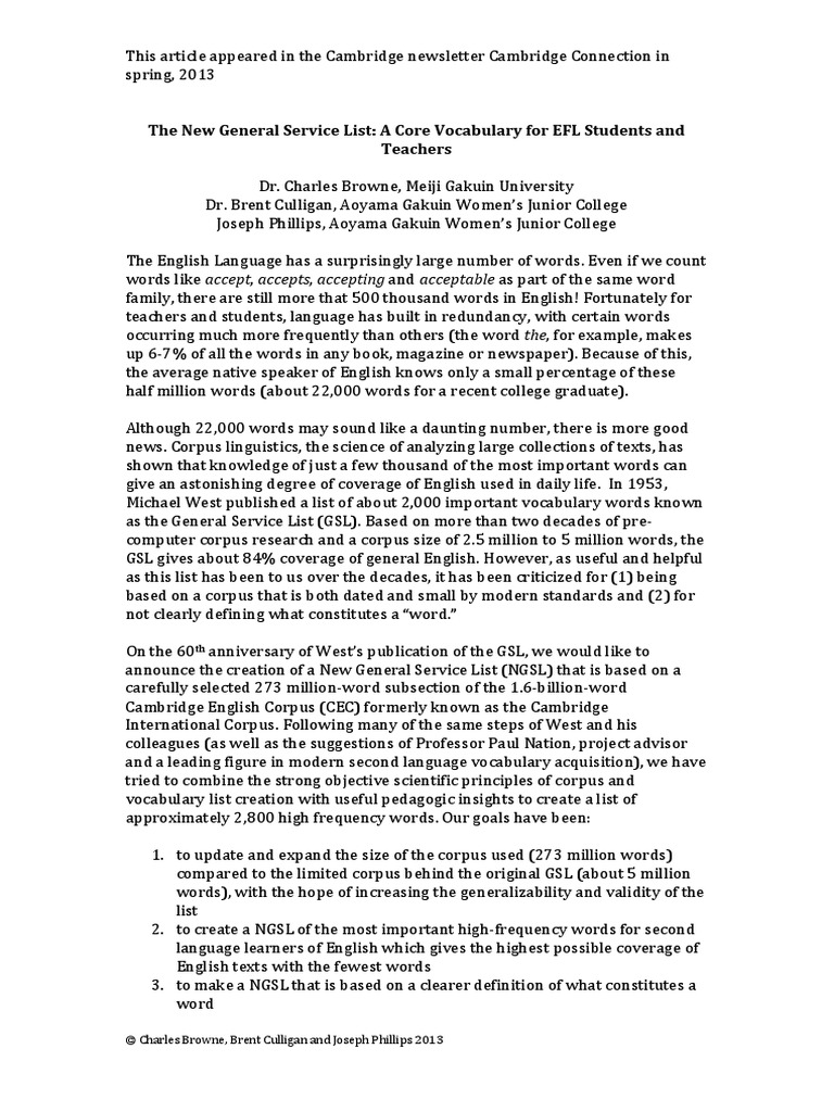 The New General Service List: A Core Vocabulary For EFL Students and ...