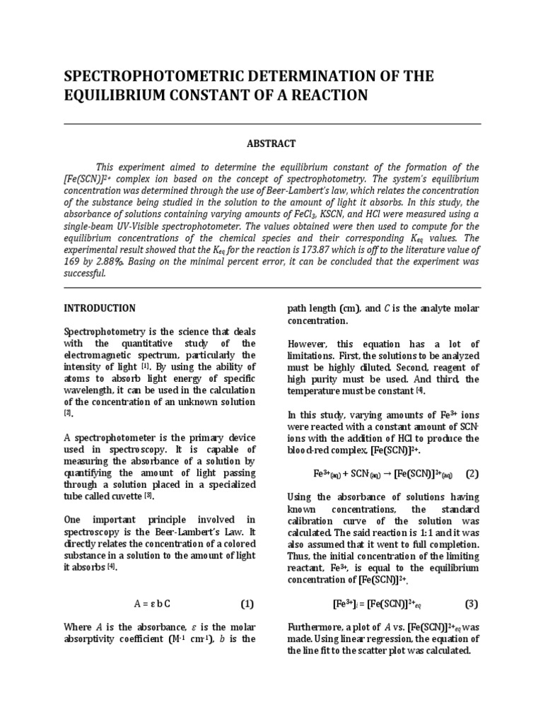 Spectrophotometric Determination of The Equilibrium Constant of A Reaction | PDF ...