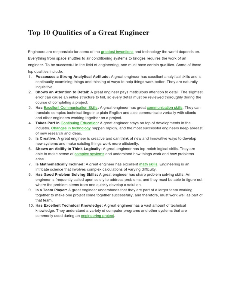 Top Qualities of a Great Engineer | PDF | Engineering | Teaching ...