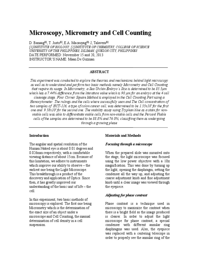 Microscopy, Micrometry and Cell Counting | PDF | Scientific Techniques ...