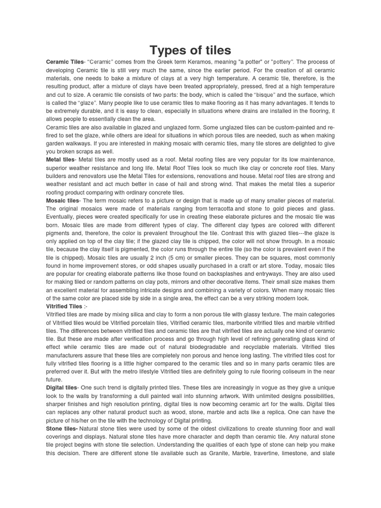 Types of Tiles | PDF | Tile | Pottery