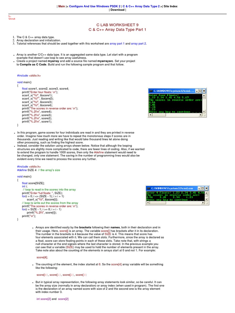 C Lab Worksheet 9 C C Array Data Type Part 1 Pdf Array Data