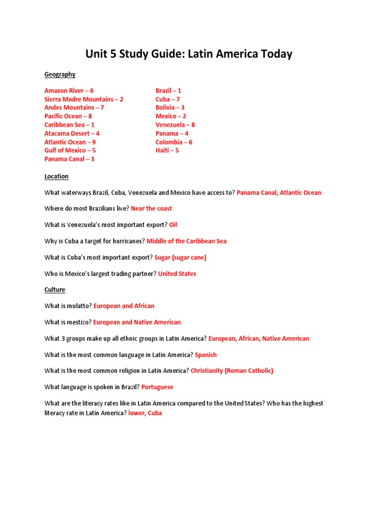 Unit 5 Study Guide Answer Key | Latin America | Cuba