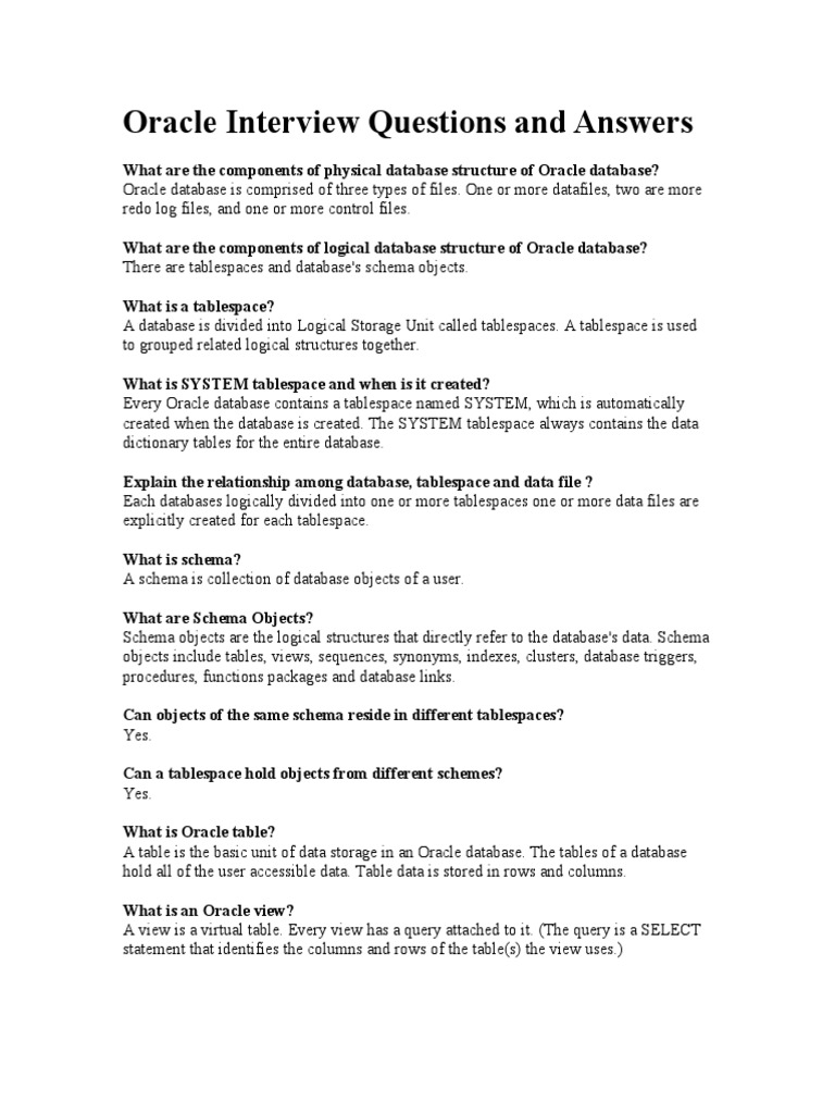 Oracle Interview Questions and Answers | PDF | Oracle Database | Database Schema