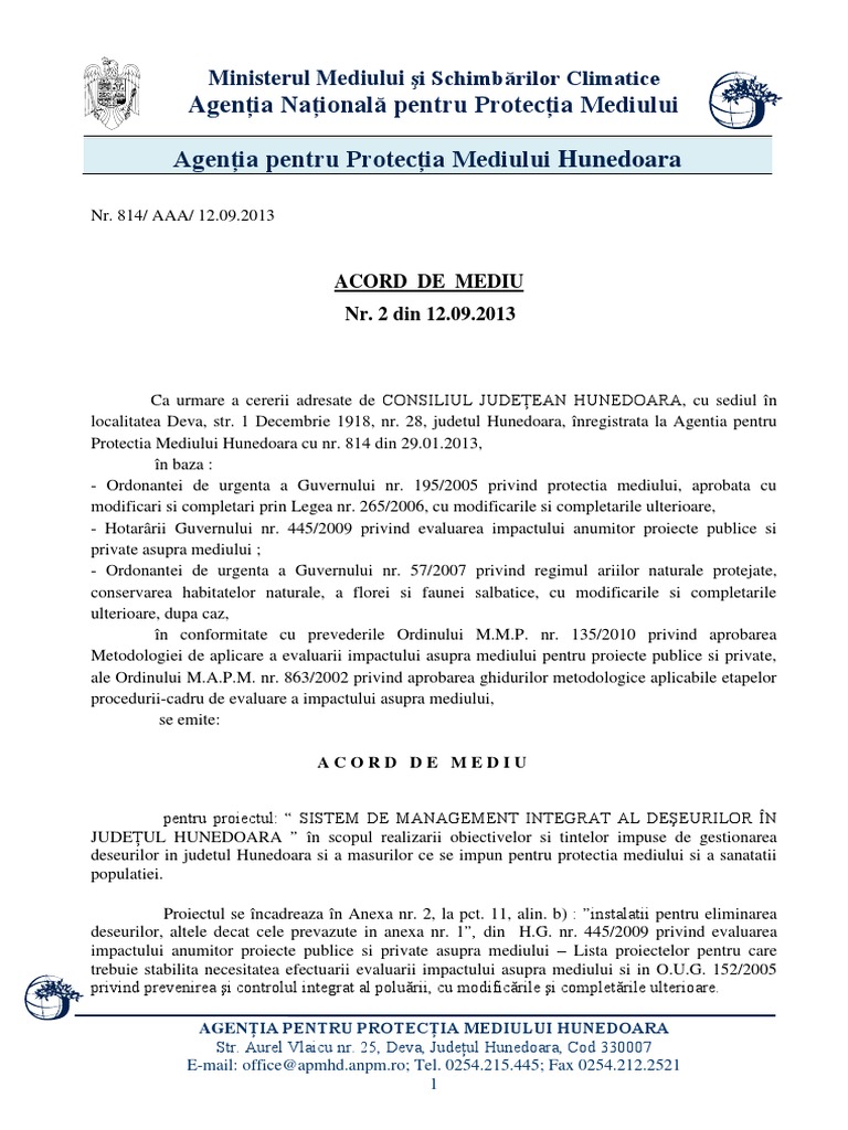 Acord Mediu Sistemul Integrat de Management Al Deseurilor, Hunedoara | PDF