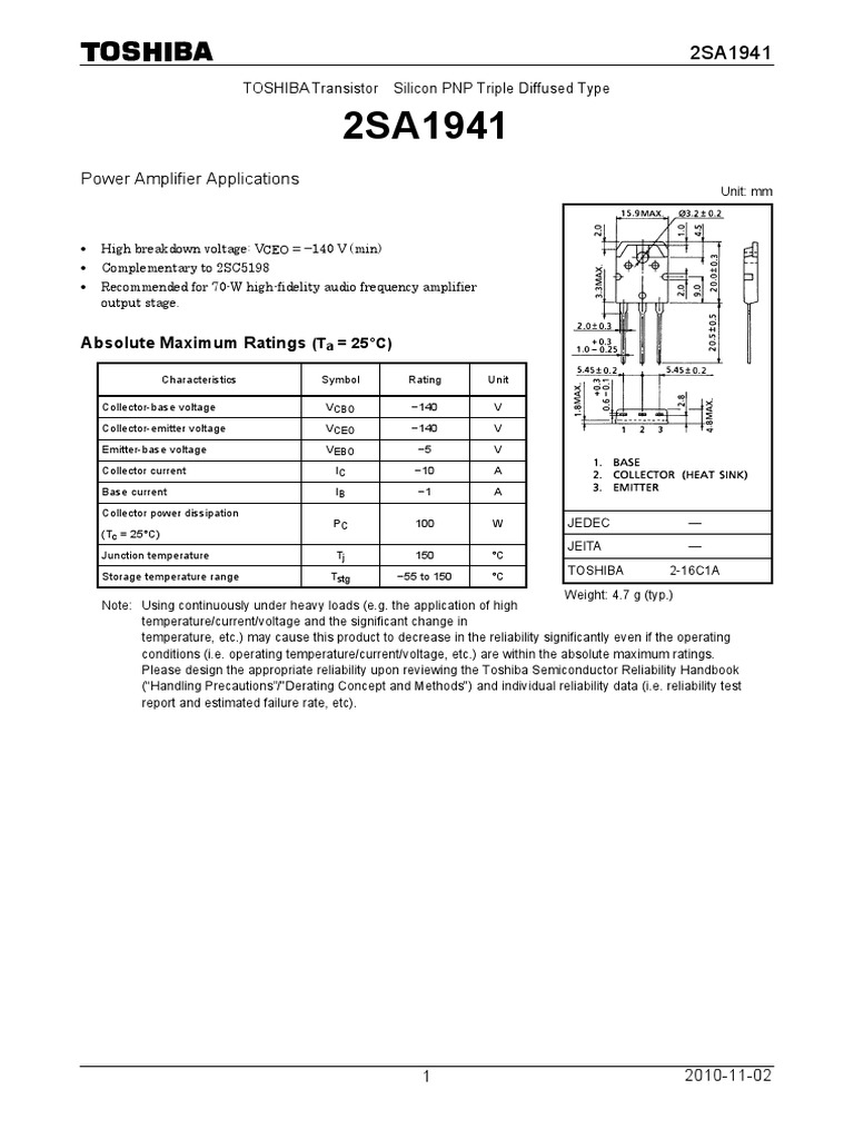 2SA1941 Transistor Datasheet Overview | PDF | Amplifier | Electronic ...