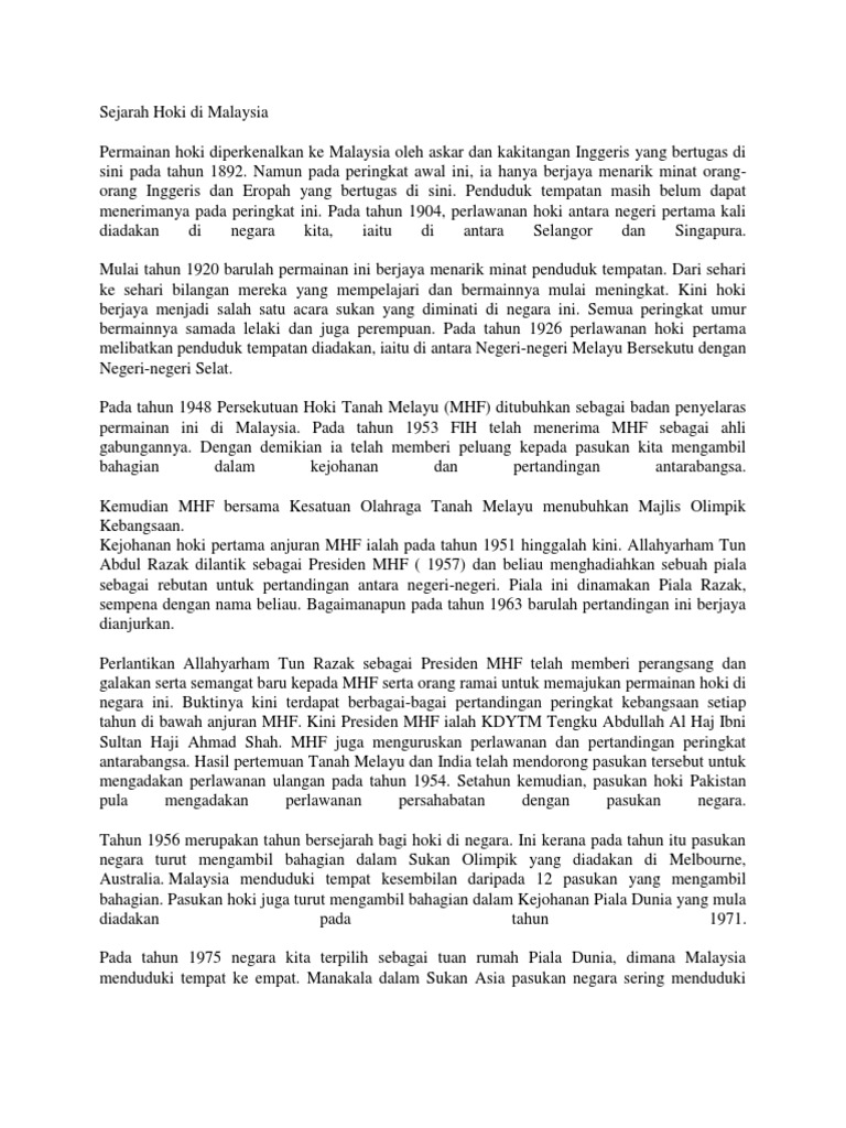 Sejarah Hoki Di Malaysia | PDF