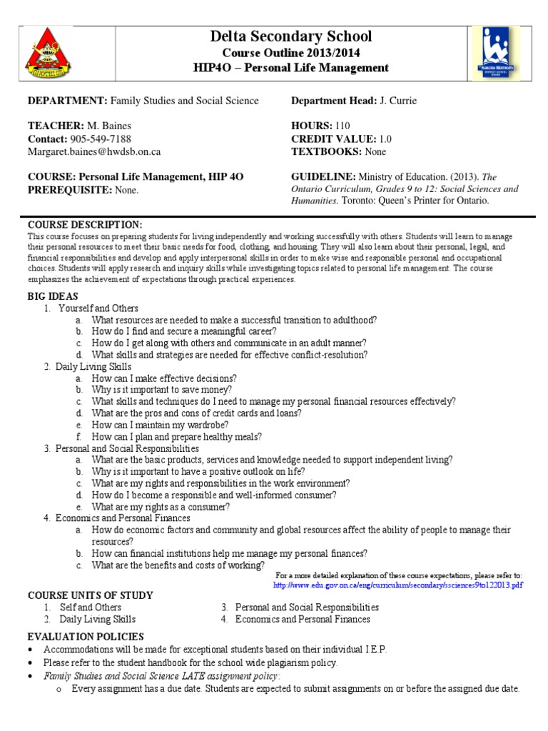 HIP 4O Personal Life Management Course | PDF | Educational Assessment ...