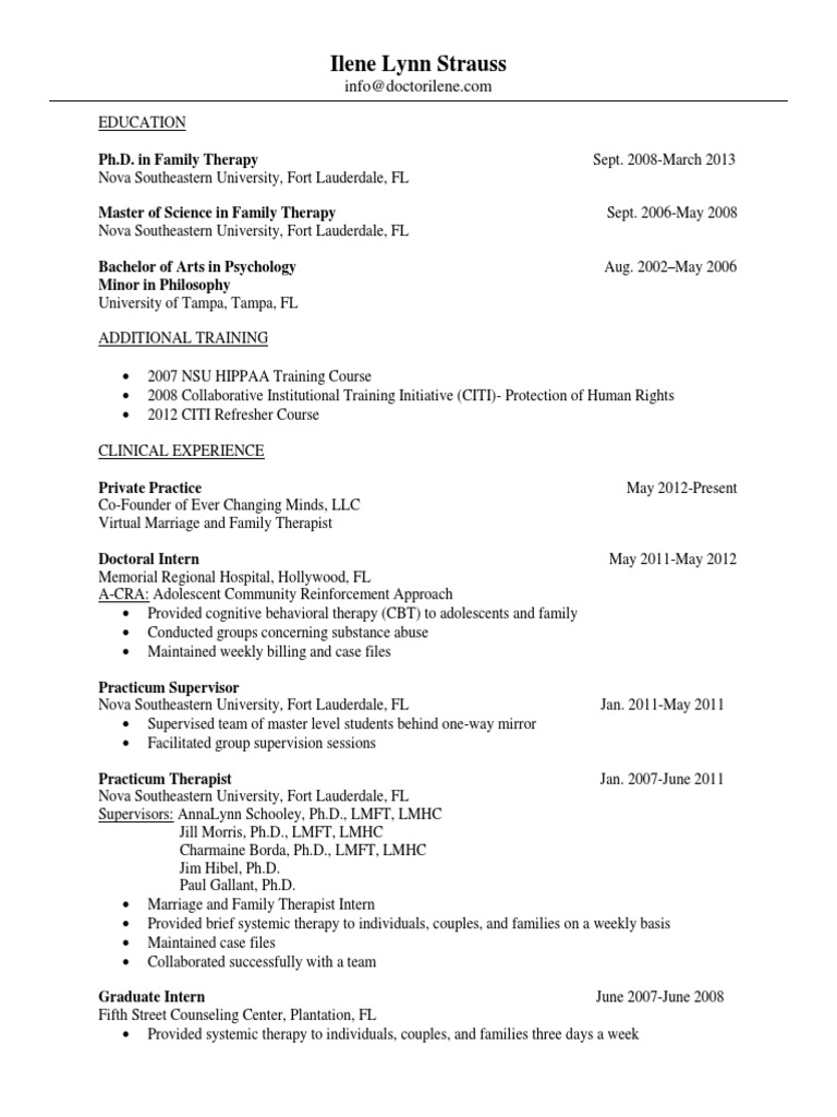 Doctor Ilene's Resume | PDF | Family Therapy | Psychotherapy
