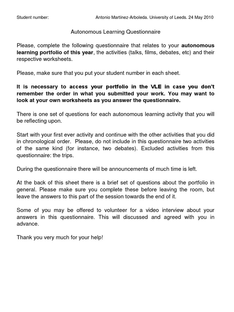 Questionnaire On Portfolio Activ | PDF | Homeschooling | Language ...