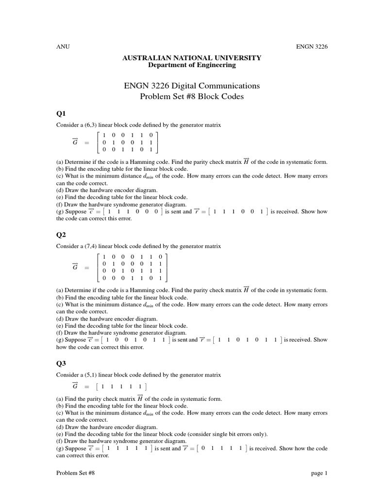 Analysis and Solutions for Digital Communications Problem Set on Linear Block Codes and Cyclic ...