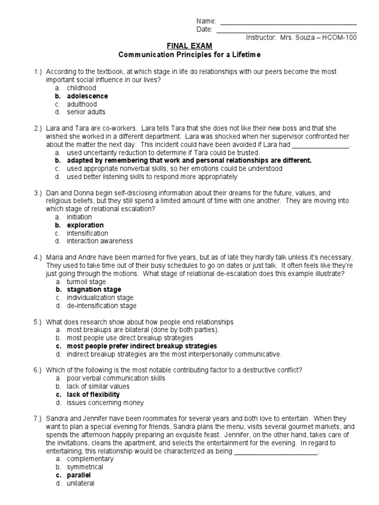 Final Exam Communication Principles For A Lifetime: B. Adolescence ...