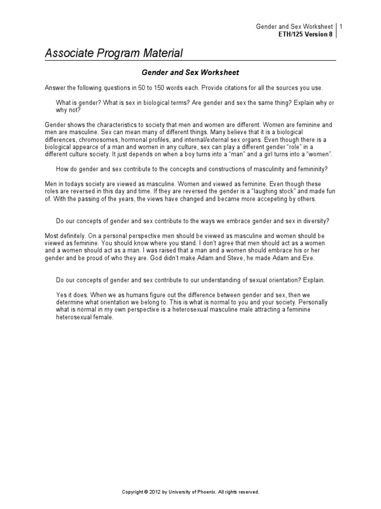 Associate Program Material Gender And Sex Worksheet Pdf