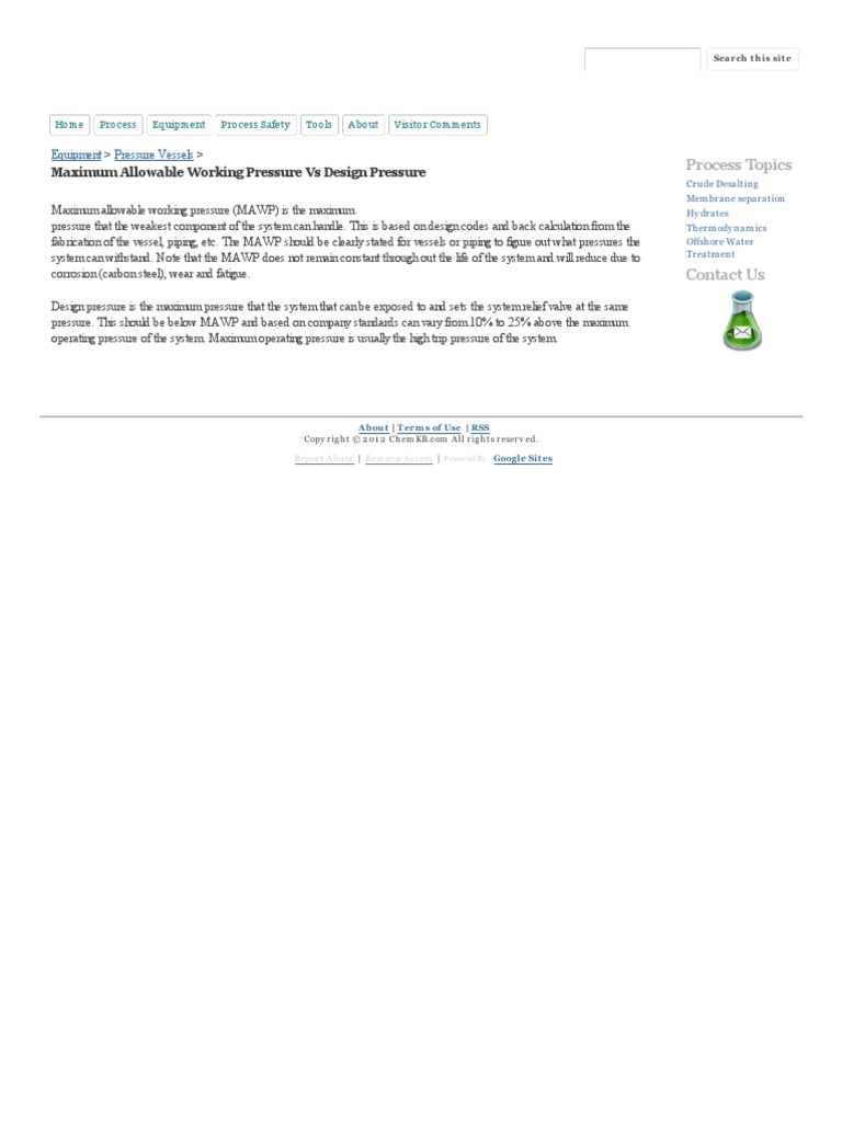 Maximum Allowable Working Pressure Vs Design Pressure - ChemKB | PDF ...