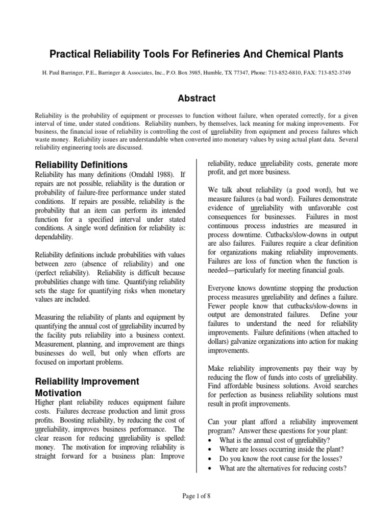 Practical Reliability Tools For Refineries and Chemical Plants | PDF ...