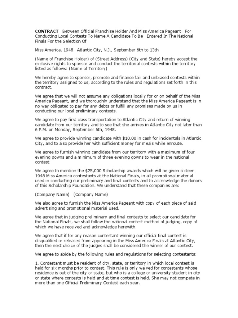CONTRACT Between Official Franchise Holder and Miss America Pageant For ...