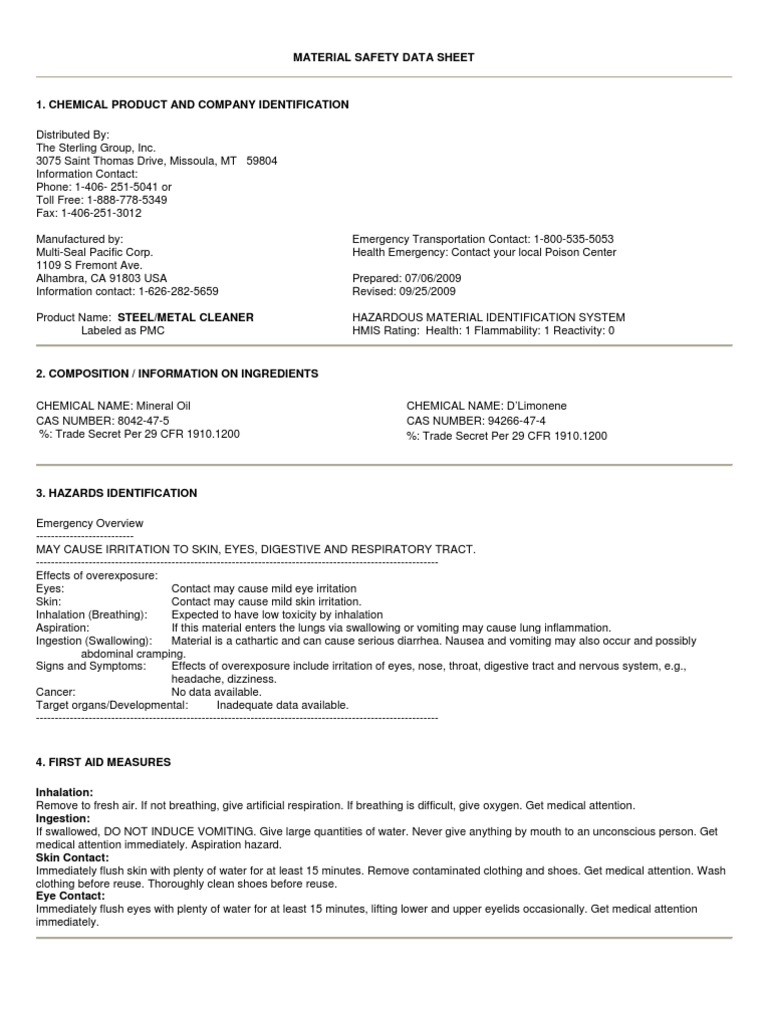 MSDS PMC Professional Metal Cleaner | Download Free PDF | Water | Safety