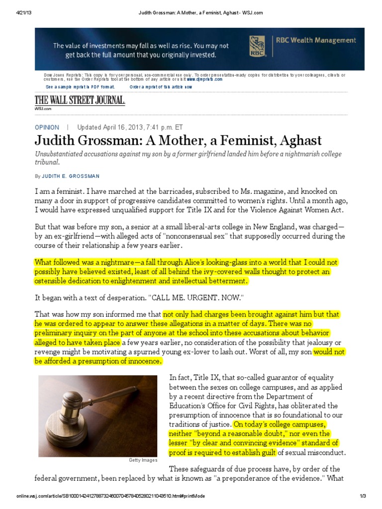 Judith Grossman - A Mother, A Feminist, Aghast - WSJ | PDF | Burden Of ...