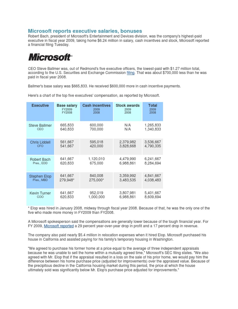Microsoft Executive Compensation FY2009 | PDF | Microsoft | Salary