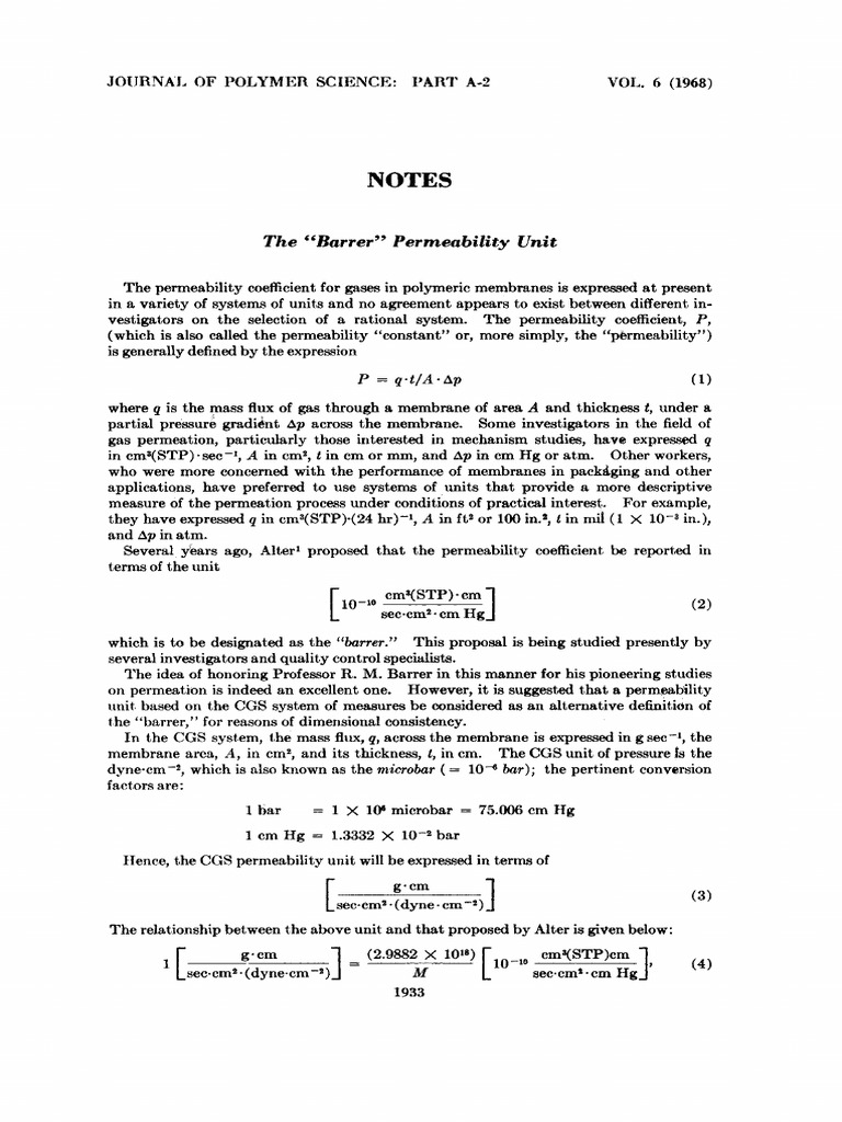 Notes: The "Barrer" Permeability Unit | PDF | Physical Sciences | Chemistry
