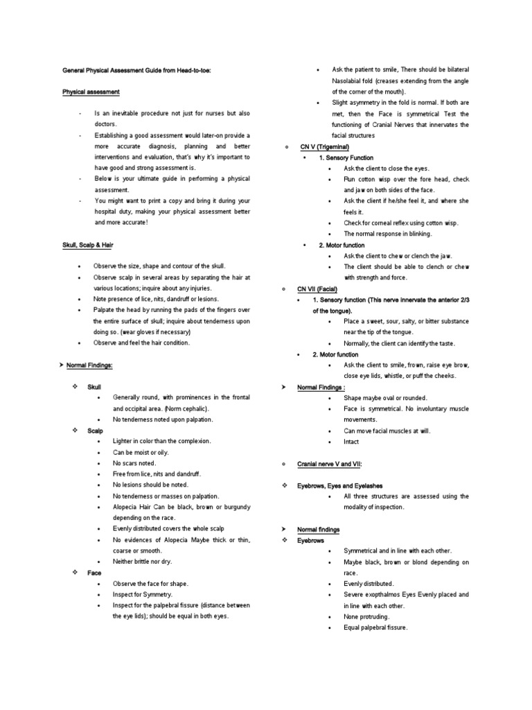 Physical Assessment Guide of Head-To-Toe | PDF | Heart Valve | Visual ...