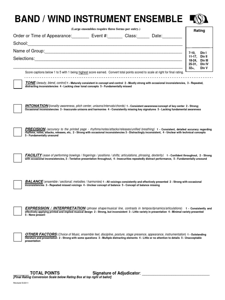 Band / Wind Instrument Ensemble: (Large Ensembles Require Three Forms ...