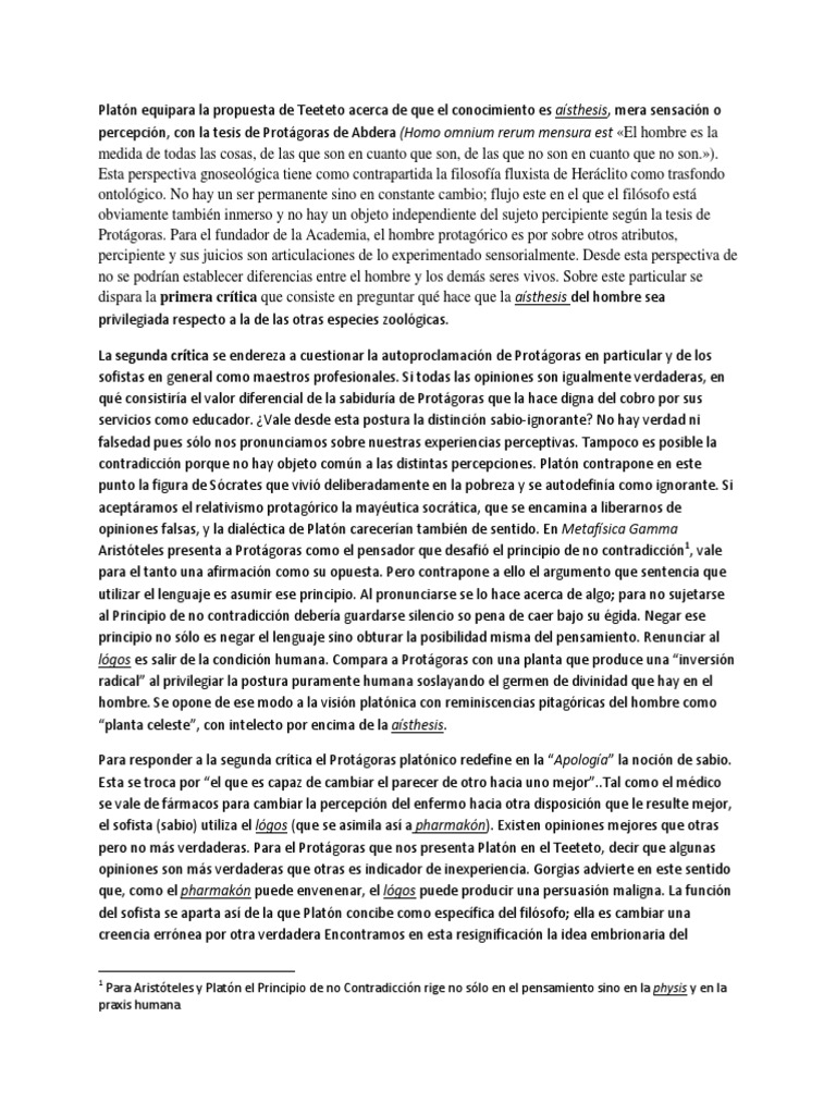 Crítica de Platón a la Tesis de Protágoras | PDF | Platón | Verdad