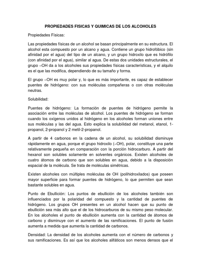 Propiedades Fisicas y Quimicas de Los Alcoholes | PDF | Alcohol | Propiedades del agua