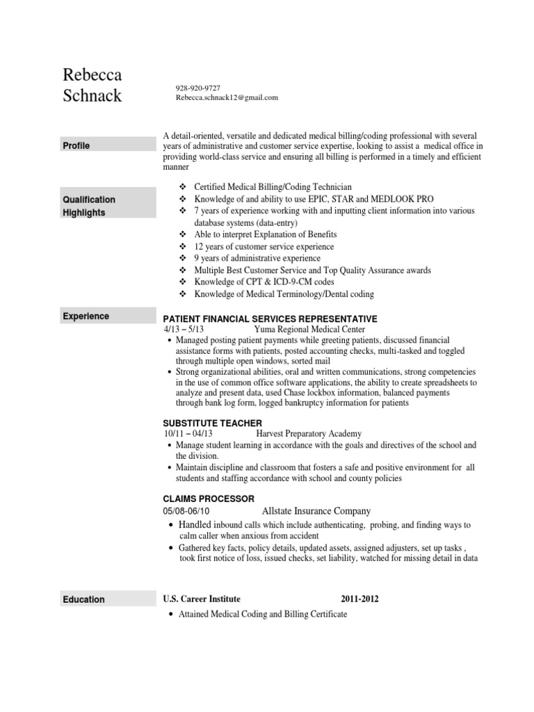 Rebecca Schnack Resume Medical Billing 2013 | PDF