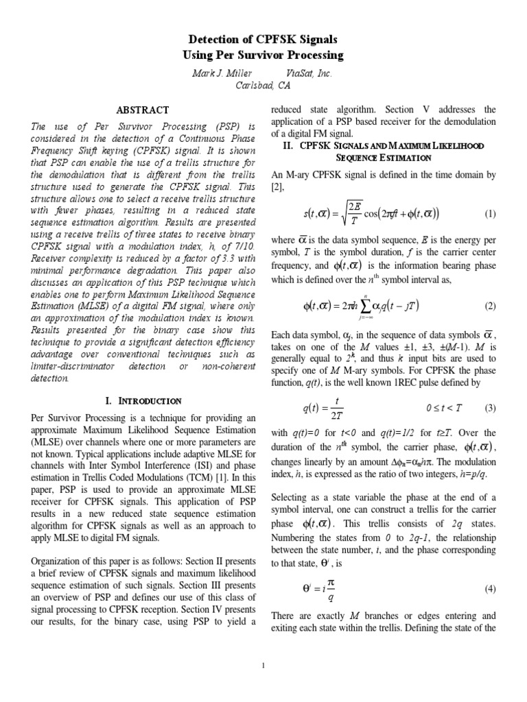 Detection of CPFSK Signals Using Per Survivor Processing | PDF | Frequency Modulation | Modulation