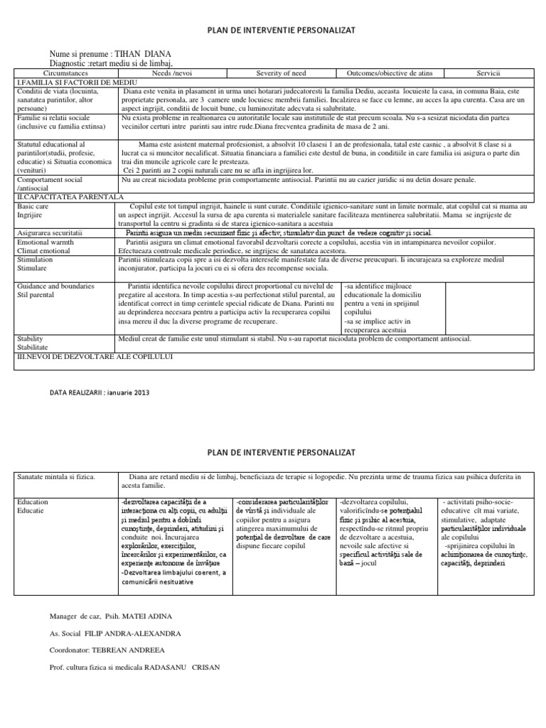 Plan de Interventie Personalizat | PDF