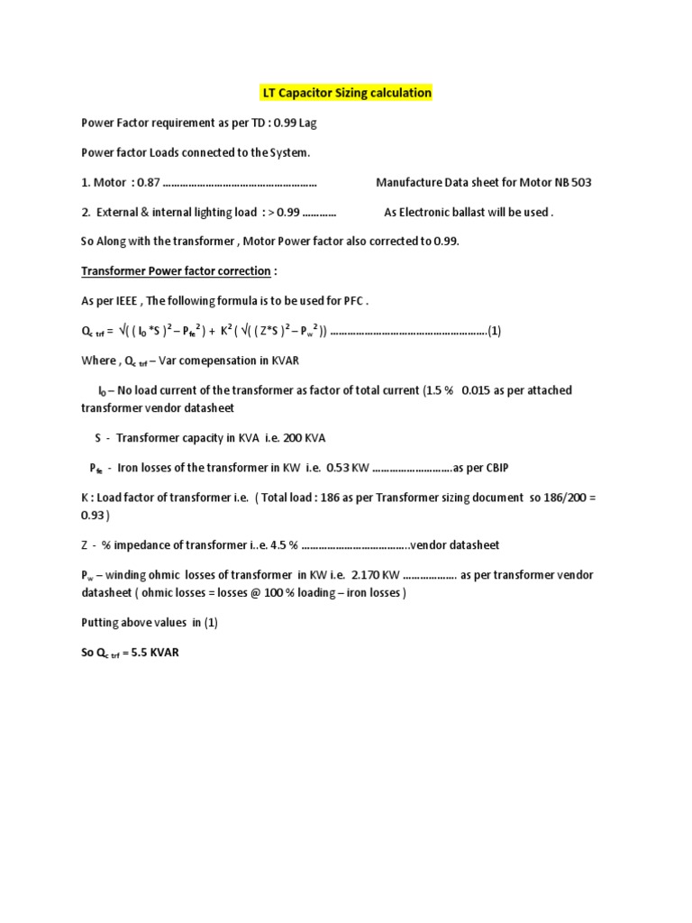 LT Capacitor Sizing Calculation Guide | PDF