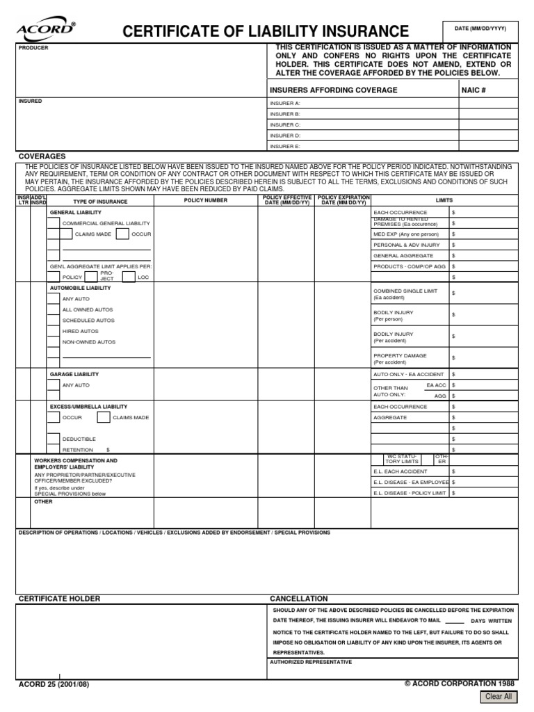 Acord 025 Cert Liability | PDF | Workers' Compensation | Insurance