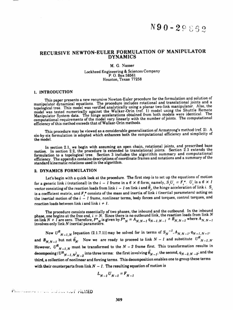 Recursive Newton-Euler Formulation Manipulator Dynamics | PDF | Kinematics | Physics