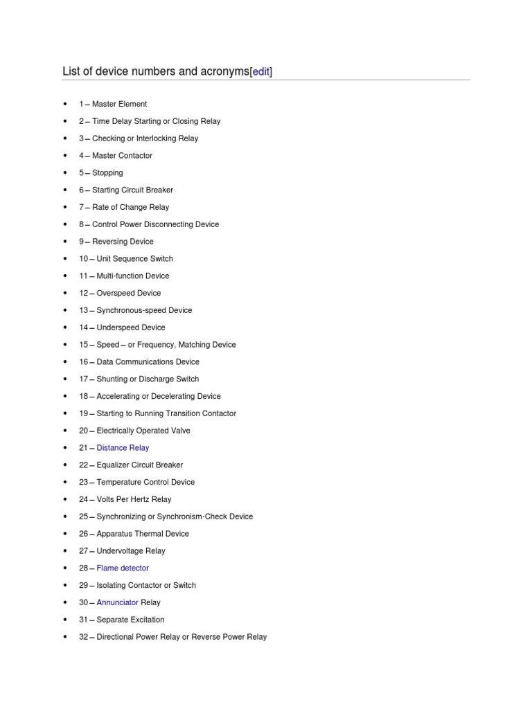 List of Device Numbers and Acronyms: Distance Relay | PDF