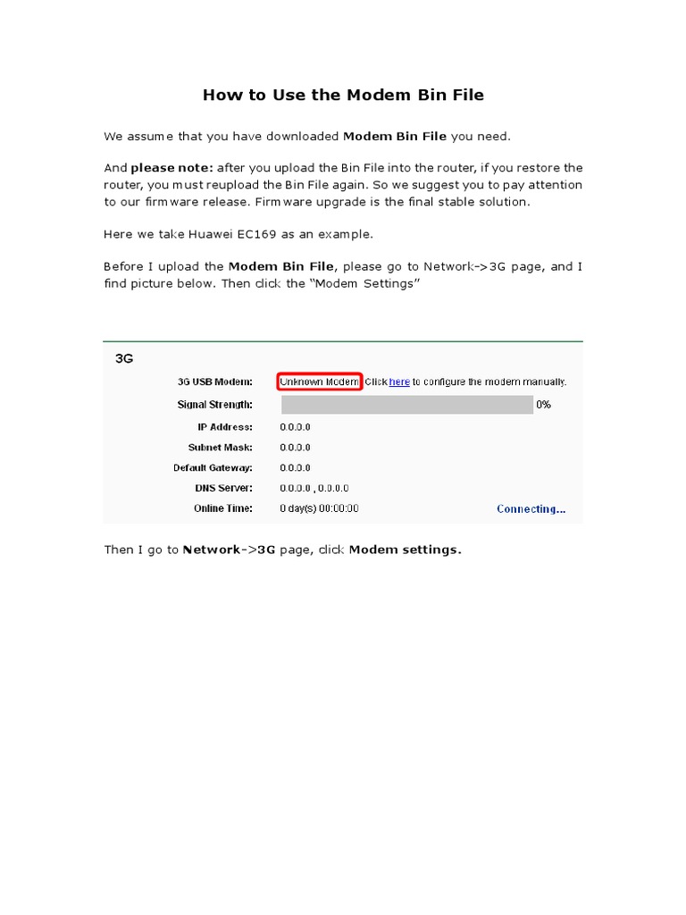Uploading Huawei EC169 Modem Bin File | PDF